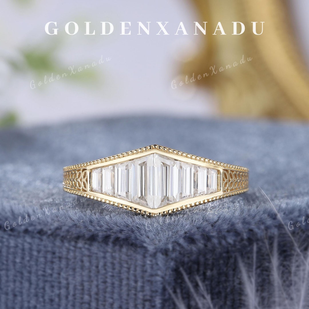 Unique Baguette Moissanite Engagement Ring Solid Gold Irregular Cut ...