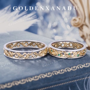 Two Tone Couple Rings Wedding Band Set Emerald His and Hers Wedding ...