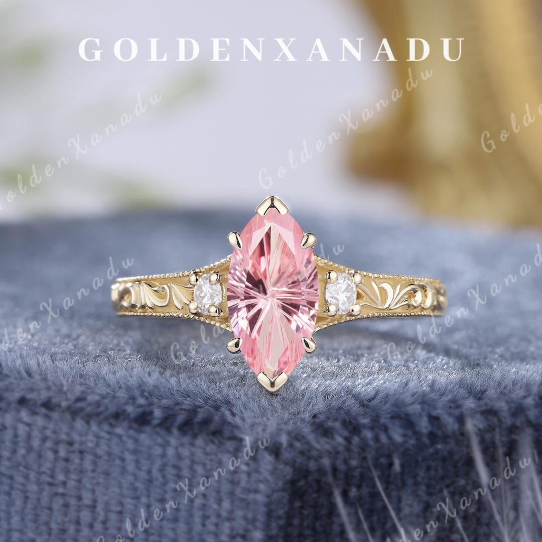 Firework Cut Marquise Shape Pink Sapphire Engagement Ring Solid Gold ...