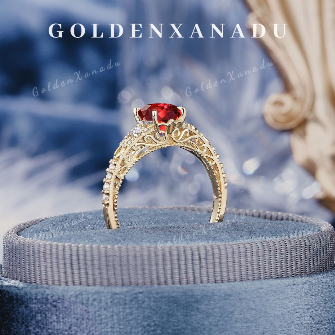 Victorian Ruby Engagement Ring Solid Gold Ruby Wedding Ring Moissanite ...