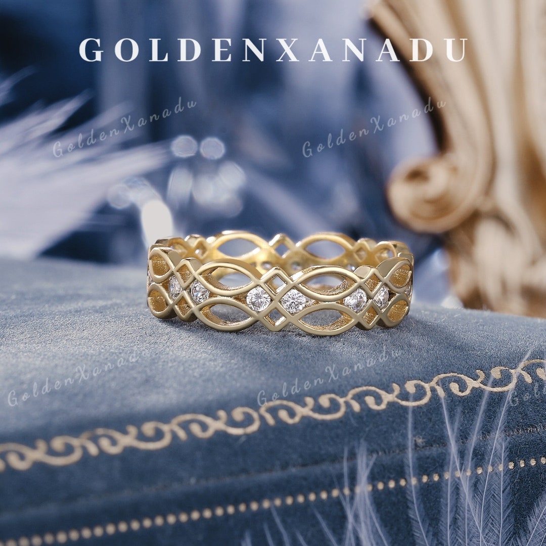 Celtic Knot Moissanite Wedding Band Irish Diamond Wedding Ring Wide Band Solid Gold Statement ...