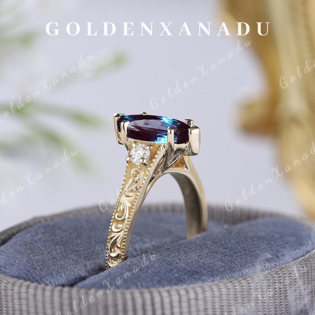 Marquise Alexandrite Engagement Ring Solid Gold Vintage Engraved ...