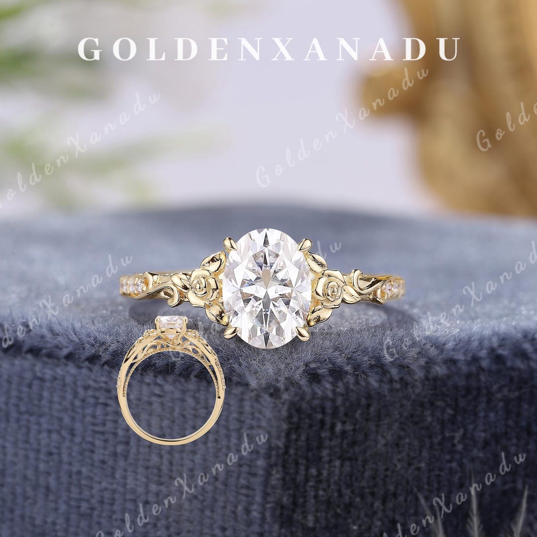 Nature Inspired Flower Engagement Ring Vintage Oval Moissanite Wedding ...