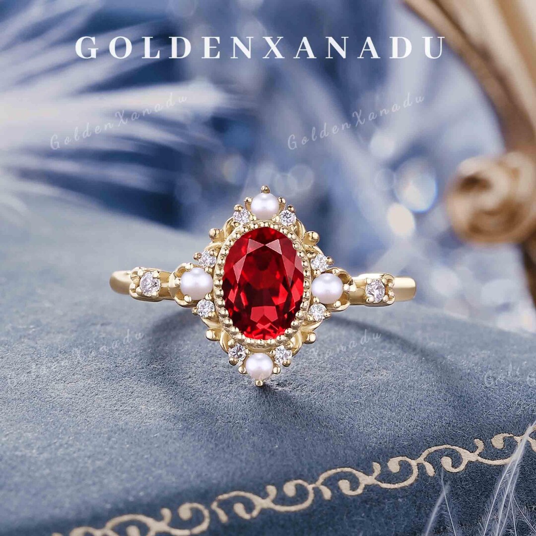 Victorian Ruby Engagement Ring Solid Gold Oval Ruby and Pearl Wedding Ring Handmade Cluster ...