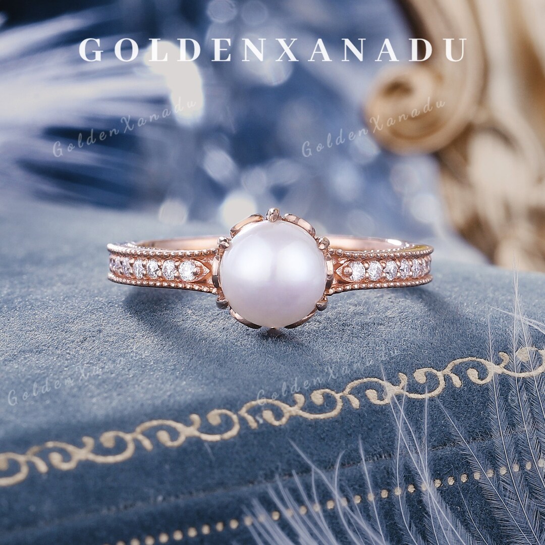 Vintage Akoya Pearl Engagement Ring Antique Rose Gold Pearl Ring ...
