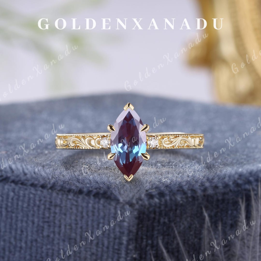Vintage Marquise Alexandrite Engagement Ring Solid Gold Handmade ...
