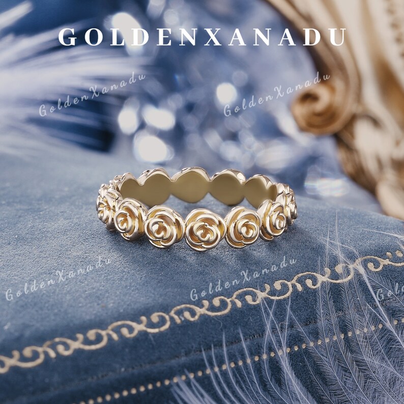 Rose Flower Wedding Band Solid Gold Rosebud Wedding Ring Natural ...
