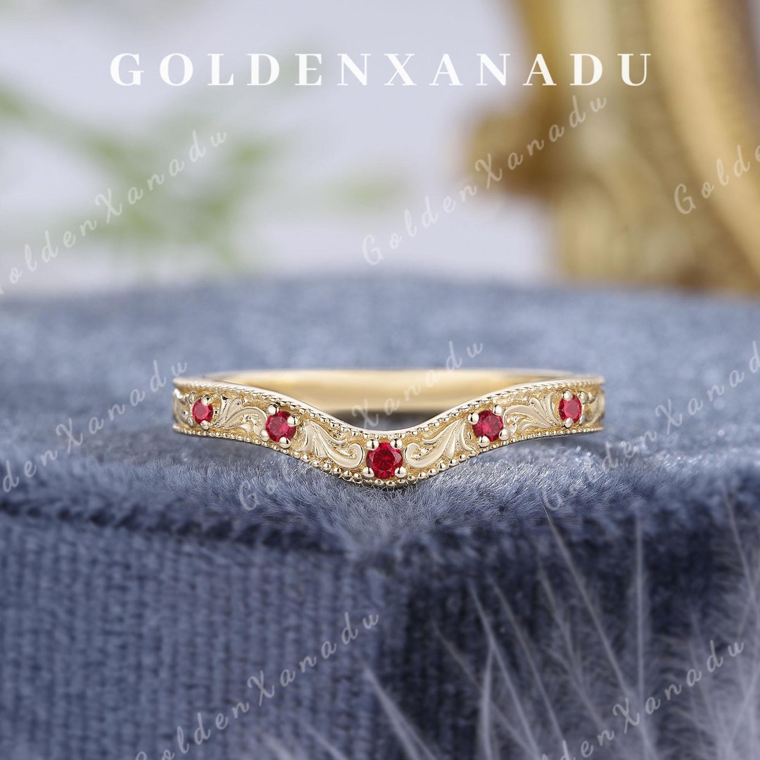 Ruby Curved Wedding Band Solid Gold Vintage Engraved Patterned Wedding Rings With Handmade ...