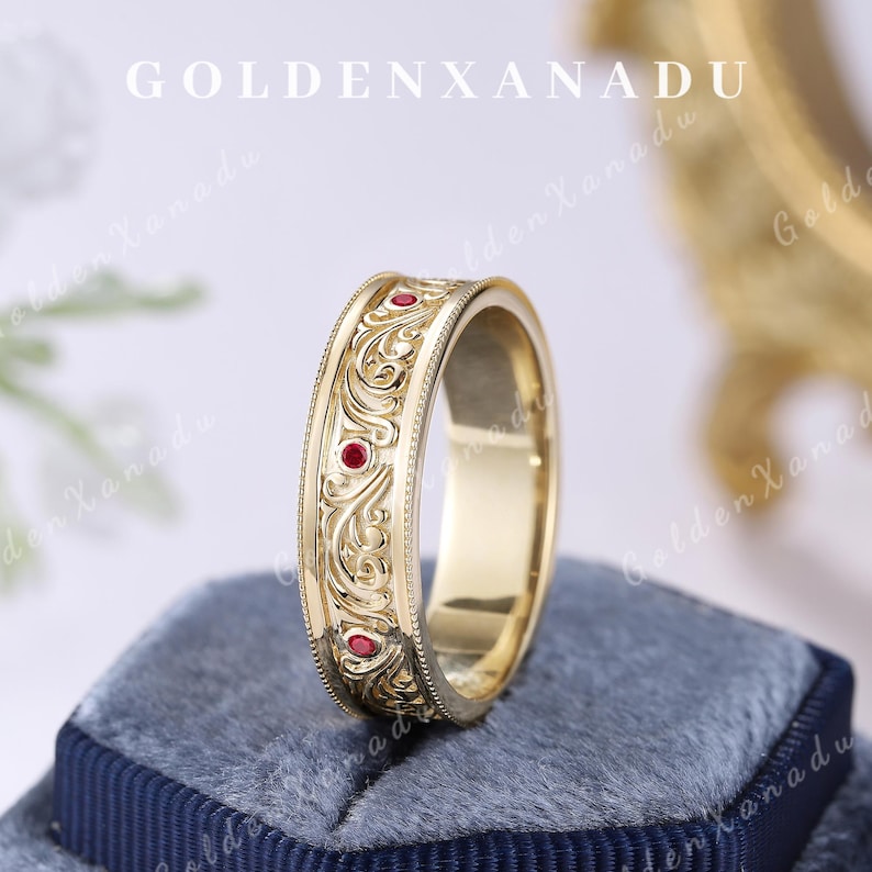 Mens Engraved Wedding Band Ring Thick Gold Vintage Ruby Engagement Ring ...