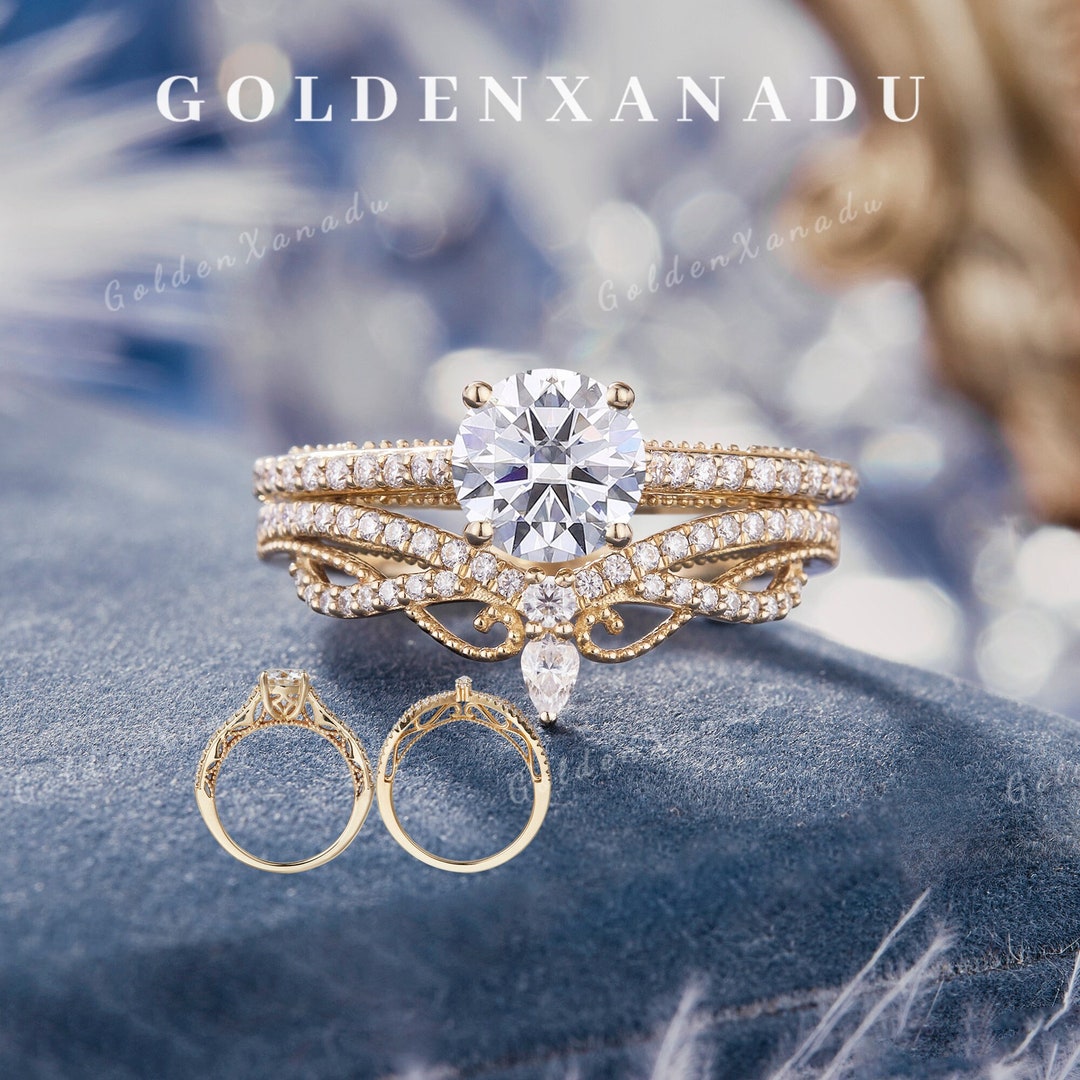 Vintage Moissanite Engagement Ring Set Solid Gold Moissanite Wedding ...