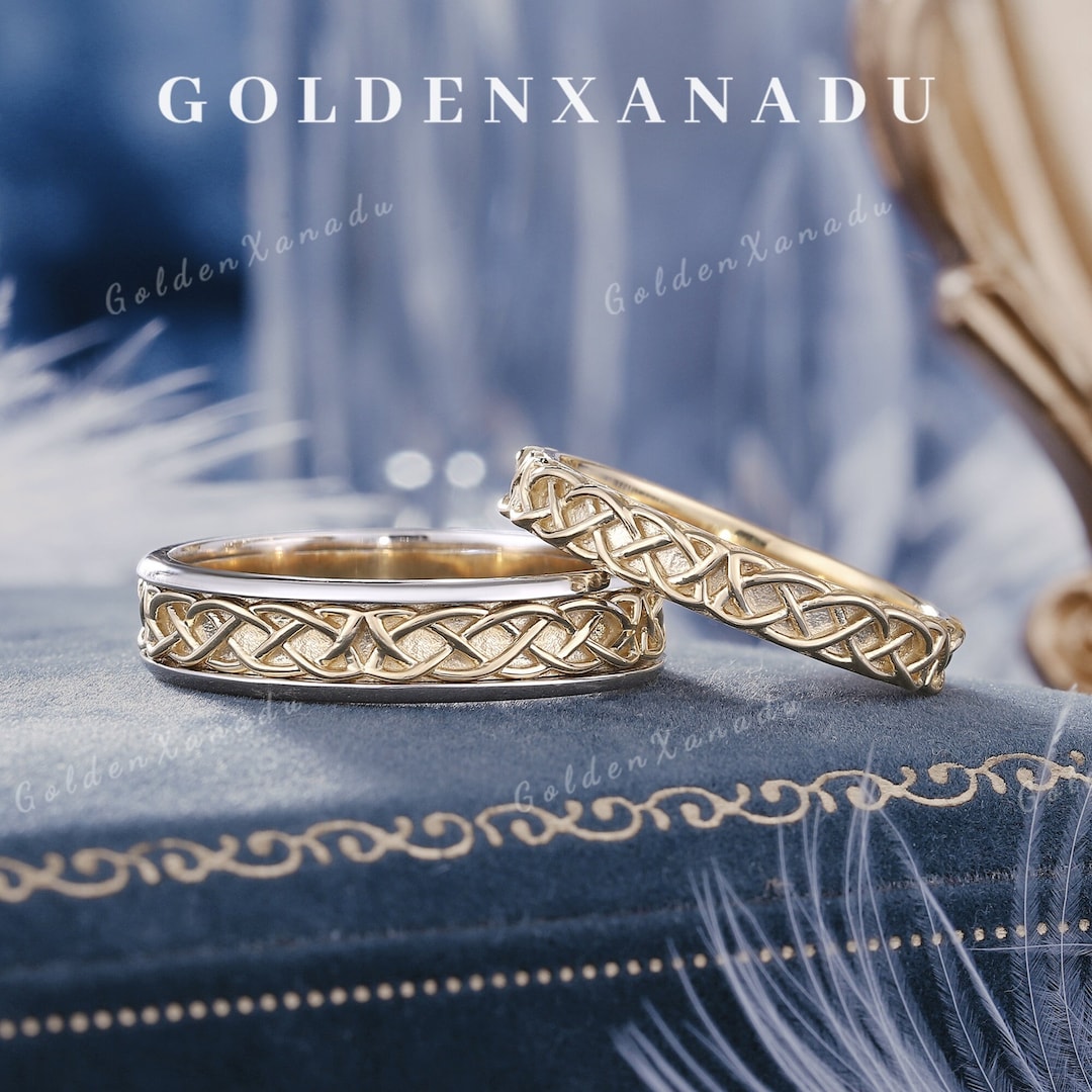 Two Tone Celtic Wedding Bands Men Ring Couple Rings Solid Gold Celtic Wedding Ring Set Handmade ...