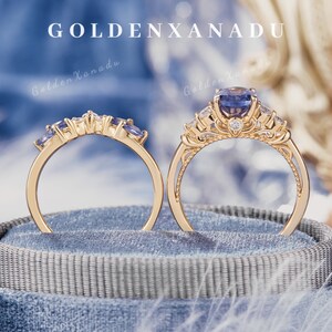 Vintage Cornflower Blue Sapphire Engagement Ring Set Solid Gold ...