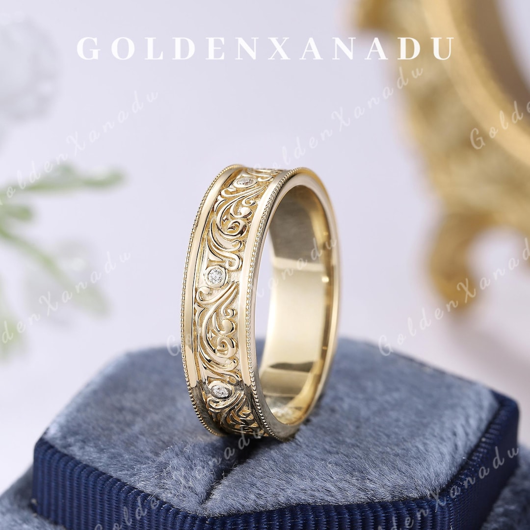 6mm Vintage Men's Engraved Wedding Band Thick Gold Moissanite Wedding ...