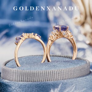 Vintage Cornflower Blue Sapphire Engagement Ring Set Solid Gold ...