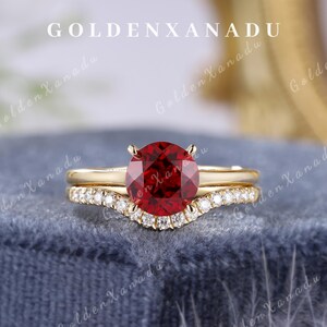 Vintage Ruby Engagement Ring Solid Gold Round Cut Lab Ruby Solitaire Wedding Ring Red Gemstone ...