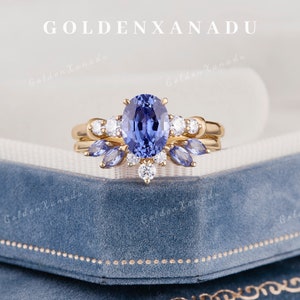 Vintage Cornflower Blue Sapphire Engagement Ring Set Solid Gold ...