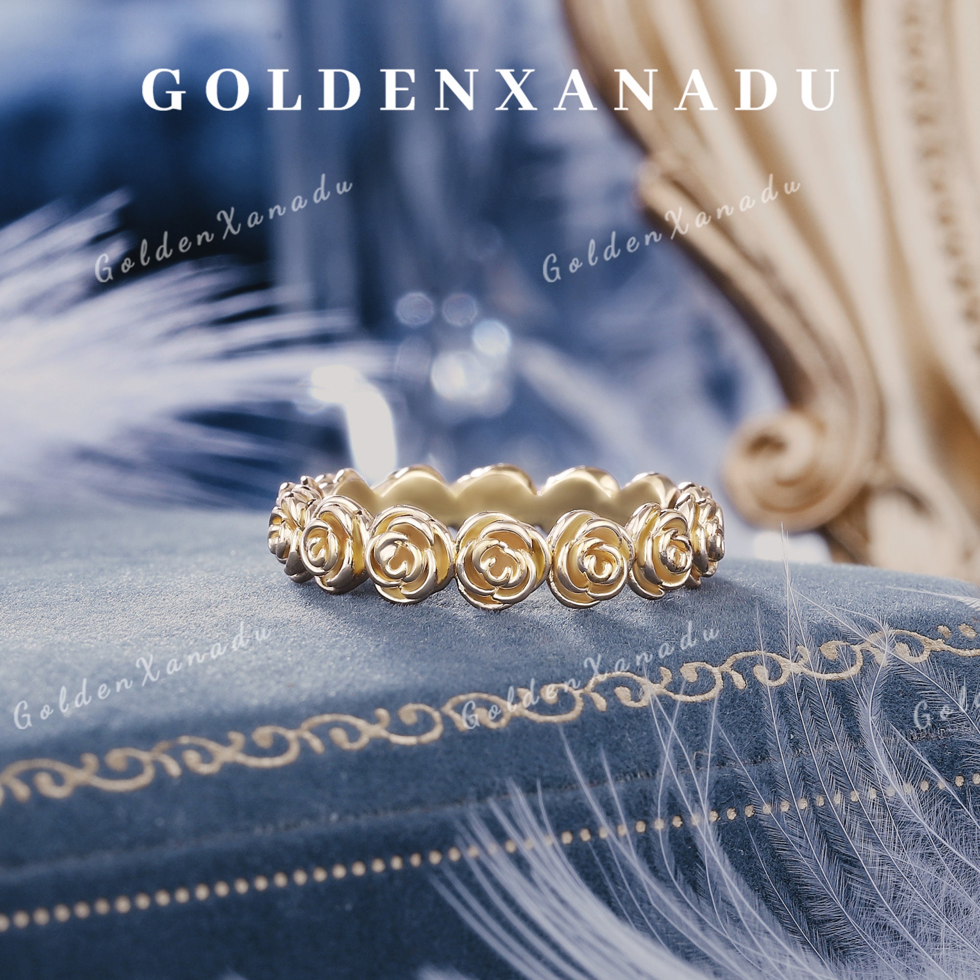 Rose Flower Wedding Band Solid Gold Rosebud Wedding Ring Natural ...