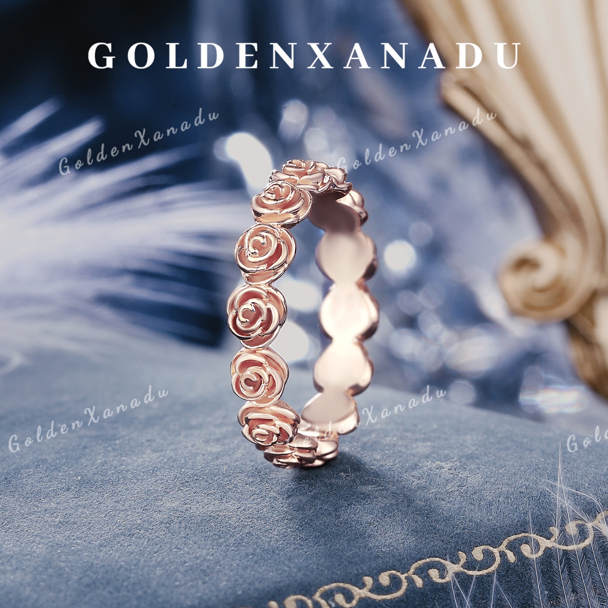 Rose Flower Wedding Band Solid Gold Rosebud Wedding Ring Natural ...