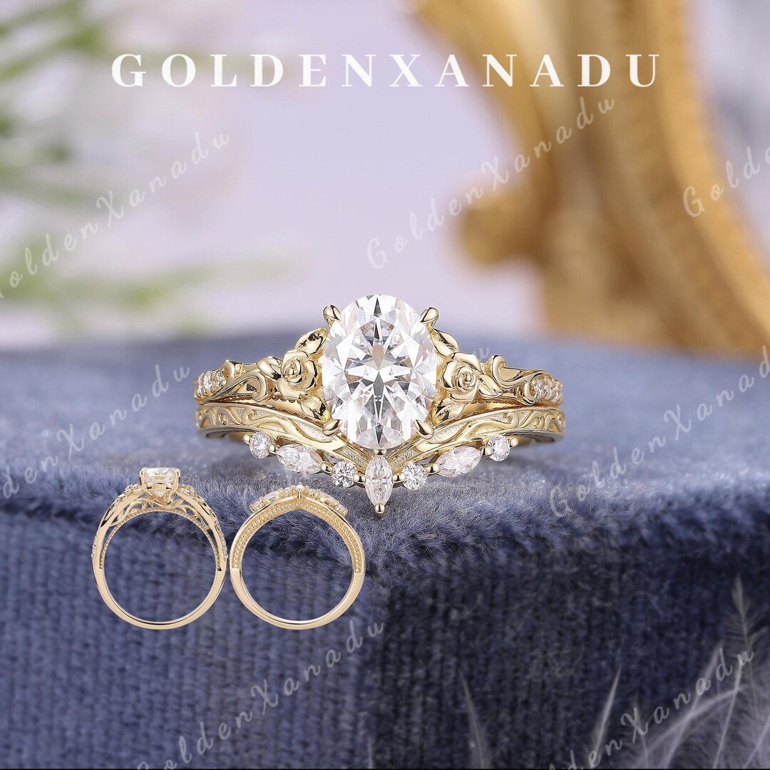 Nature Inspired Roses Engagement Ring Set Vintage Oval Moissanite ...