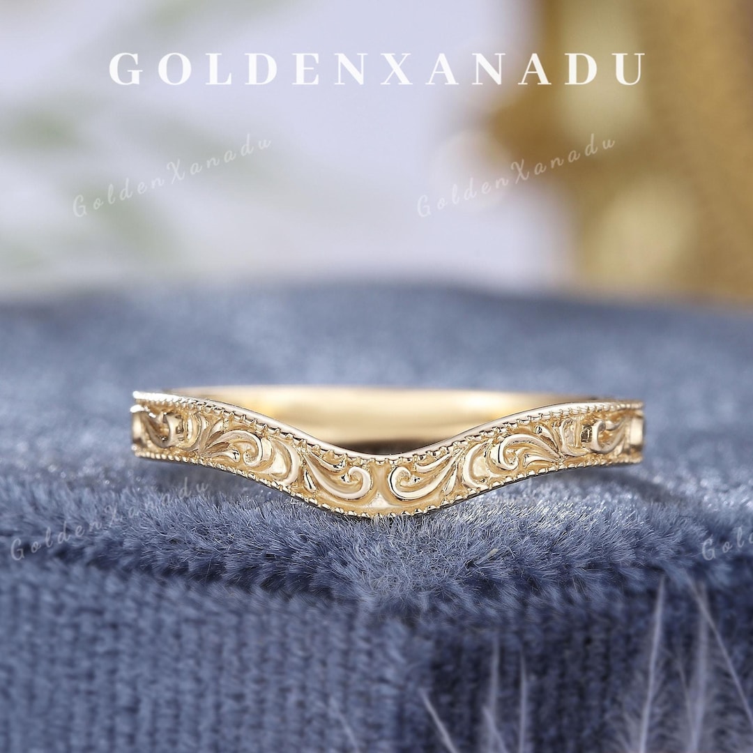 Vintage Engraved Curved Wedding Band Solid Gold Antique Patterned ...