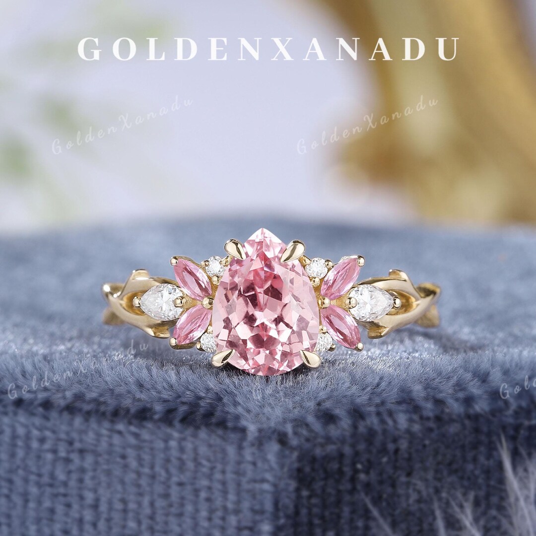 Pink Sapphire Engagement Ring Solid Gold Pear Cut Peach Pink Sapphire ...