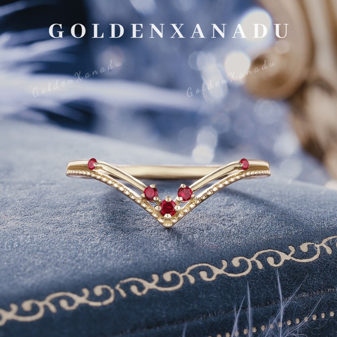 Minimalist Ruby Curved Wedding Band Solid Gold Ruby Wedding Ring Red Gemstone Double Bands ...