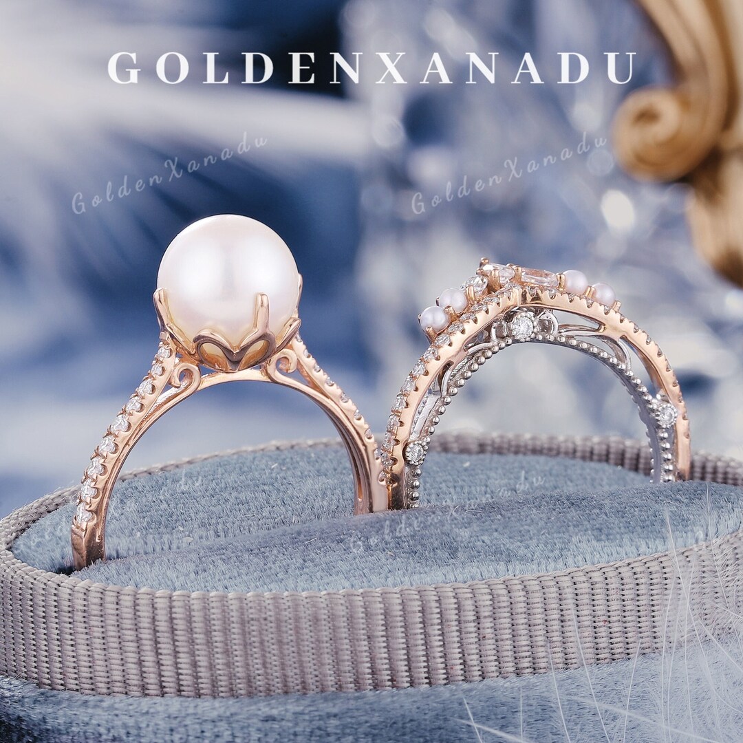Victorian Akoya Pearl Engagement Ring Set Vintage Solid Gold Pearl ...