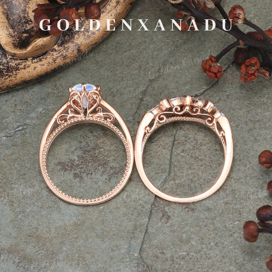 Vintage Moonstone Filigree Engagement Ring Set Unique Moissanite Curved ...