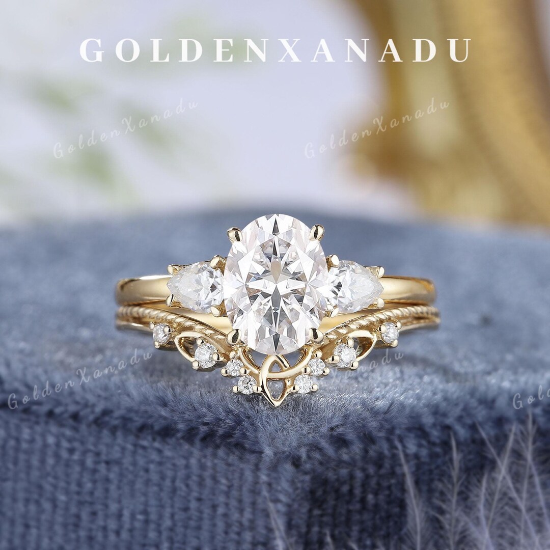 Lotus Setting Oval Moissanite Engagement Ring Set Solid Gold Floral ...