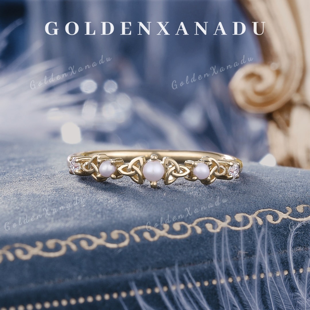 Pearl Celtic Ring Wedding Band Celtic Eternity Knot Ring Solid Gold ...