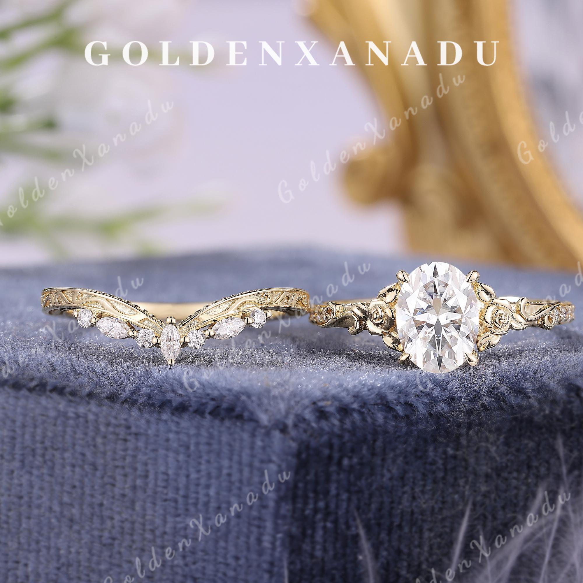 Nature Inspired Roses Engagement Ring Set Vintage Oval Moissanite ...