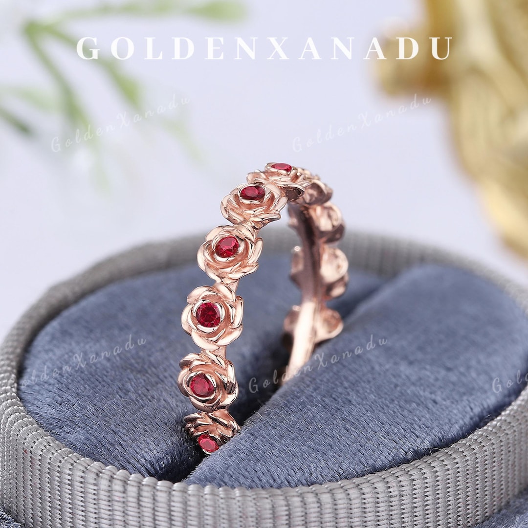 Ruby Wedding Band Handmade Ruby Rose Ring Solid Gold Rosebud Wedding ...