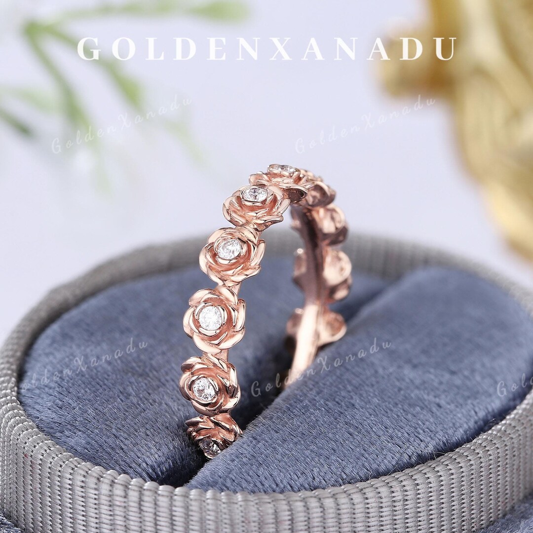 Handmade Rose Flower Moissanite Wedding Band Solid Gold Rosebud Wedding Ring Natural Inspired ...
