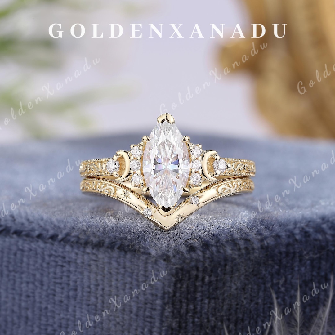 Vintage Marquise Moissanite Moon Engagement Ring Set Solid Gold Fantasy ...