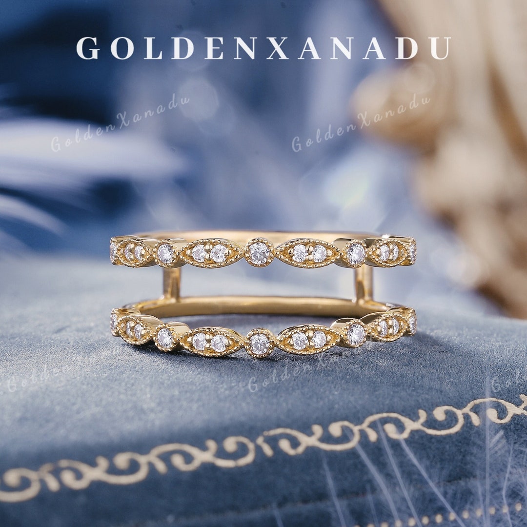 Vintage Diamond Double Wedding Band Solid Gold Art Deco Moissanite Wedding Ring Enhancer ...