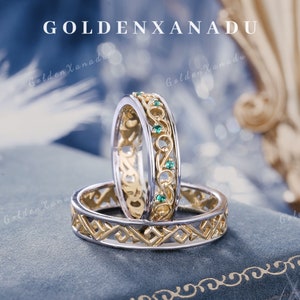 Two Tone Couple Rings Wedding Band Set Emerald His and Hers Wedding ...