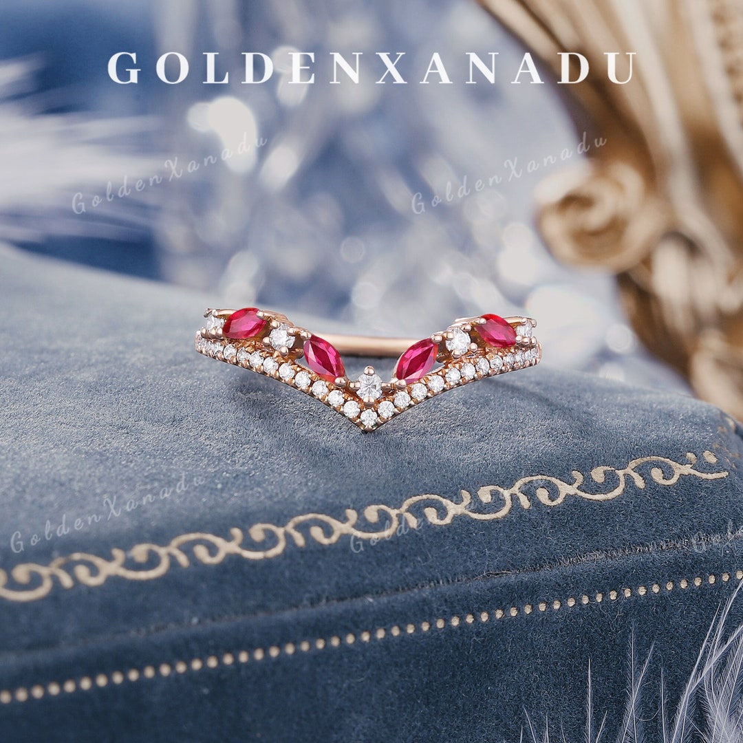 Vintage Ruby Wedding Band Rose Gold Marquise Ruby Ring Birthstone Ring ...
