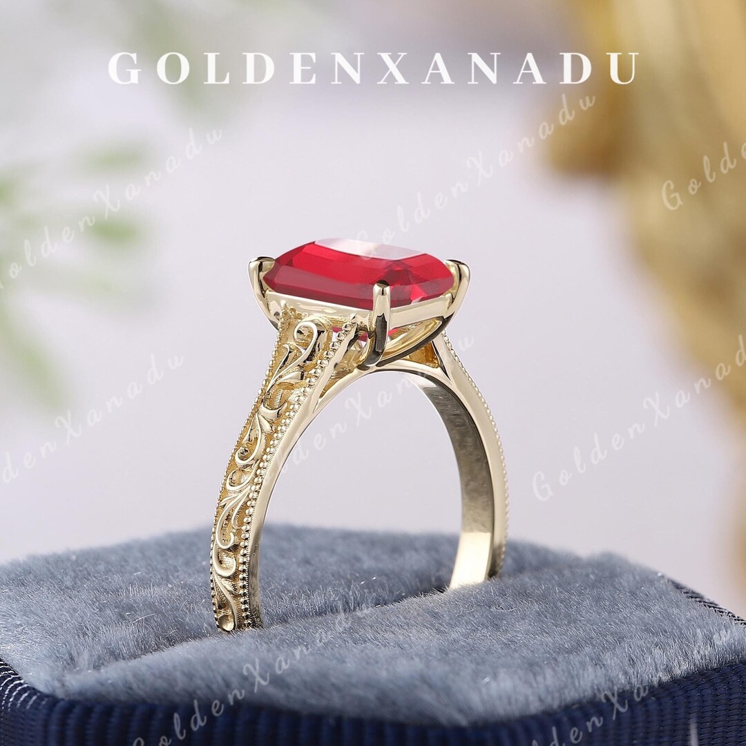 Victorian Emerald Cut 2ct Ruby Engagement Ring Engraved Red Ruby Wedding Ring Solid Gold Flower ...