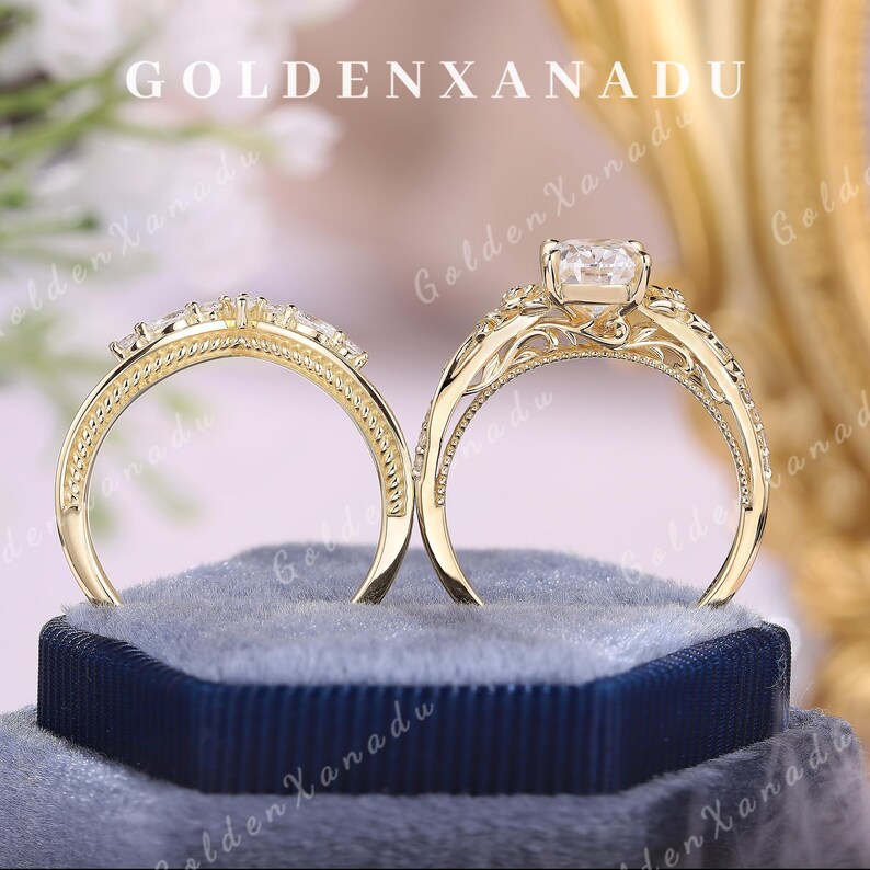 Nature Inspired Roses Engagement Ring Set Vintage Oval Moissanite ...