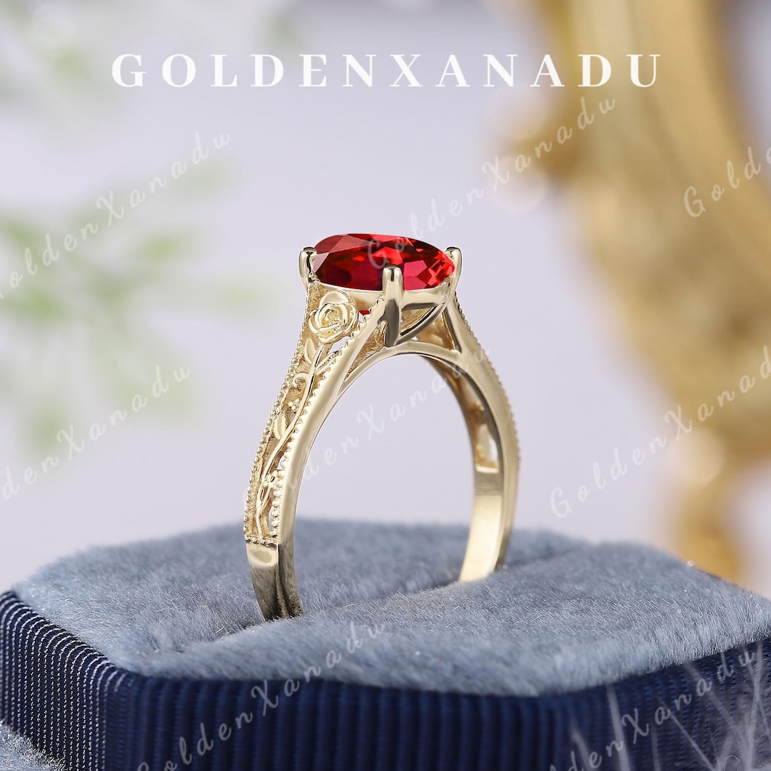 Vintage Ruby Engagement Ring Engraved Flower Oval Red Ruby Wedding Ring ...