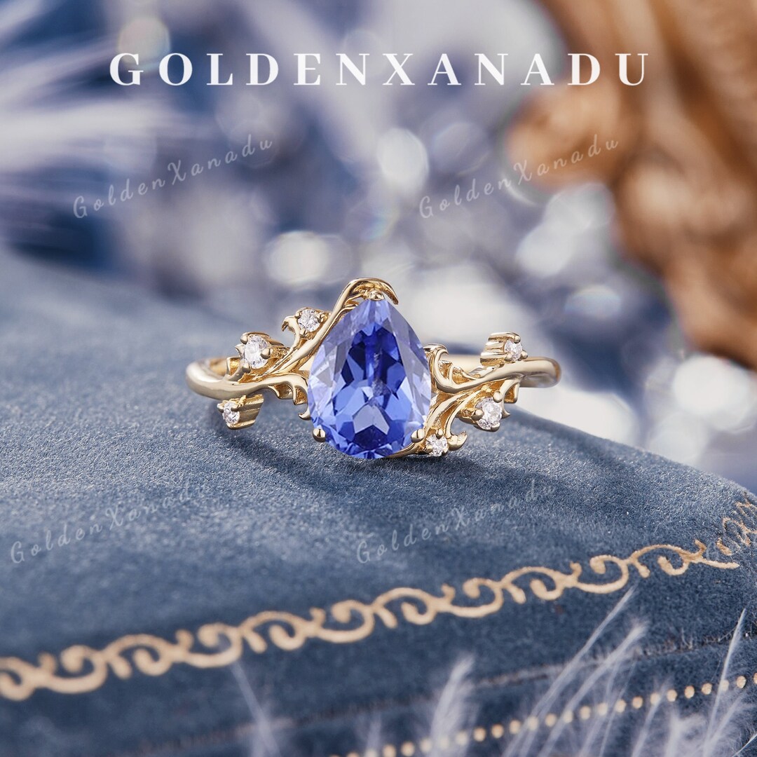 Branch Pear Sapphire Engagement Ring Solid Gold Sapphire Wedding Ring ...