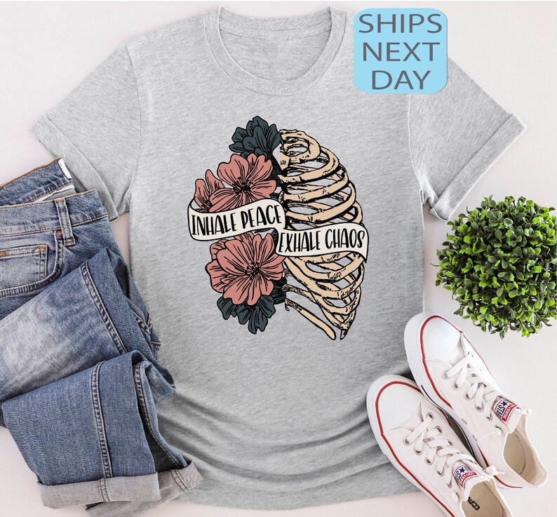 Floral Skeleton Ribcage T-shirt, Inhale Peace Exhale Chaos, Halloween ...