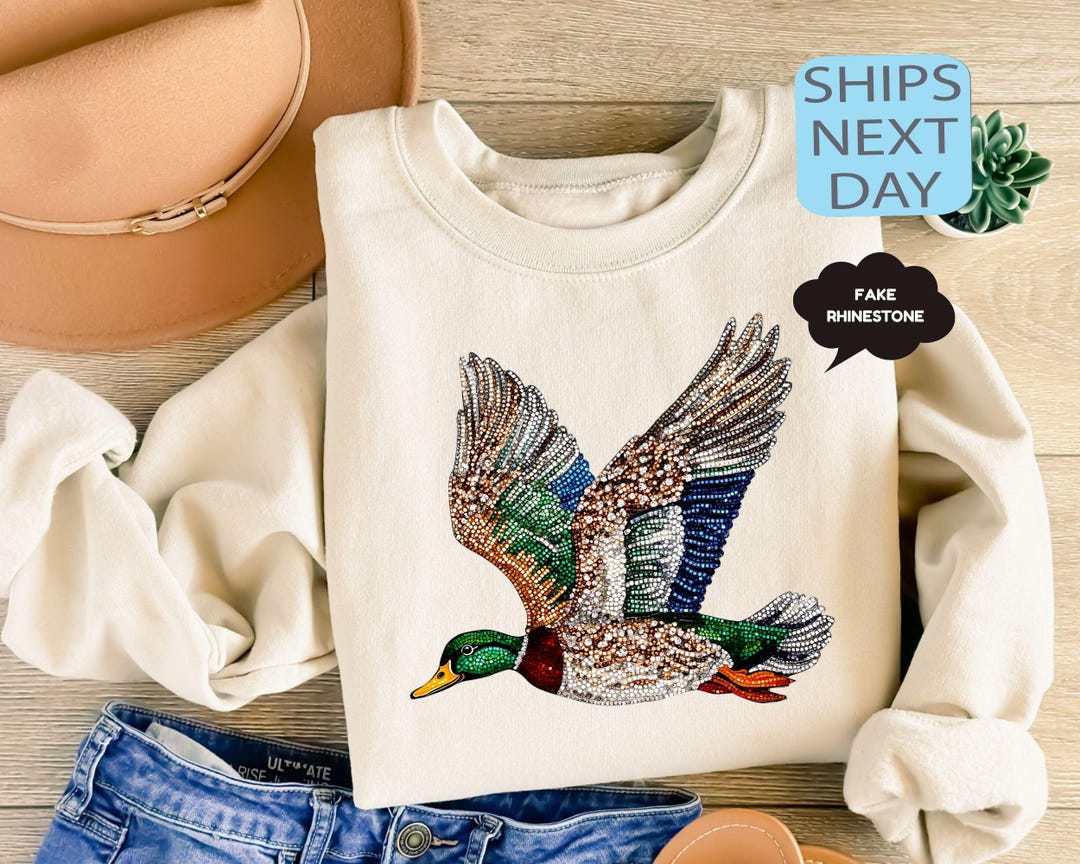 Faux Rhinestone Mallard Duck Flying Sweatshirt, Hunting Sweater ...