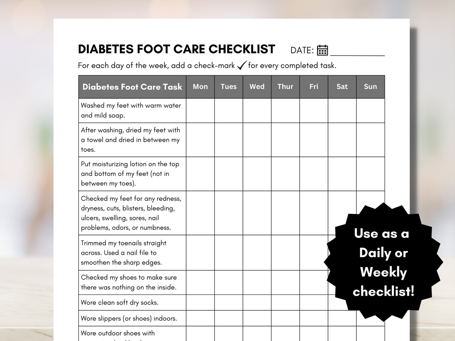 Diabetes Foot Care Checklist, Diabetic Foot Care Guide, Feet Care Log ...