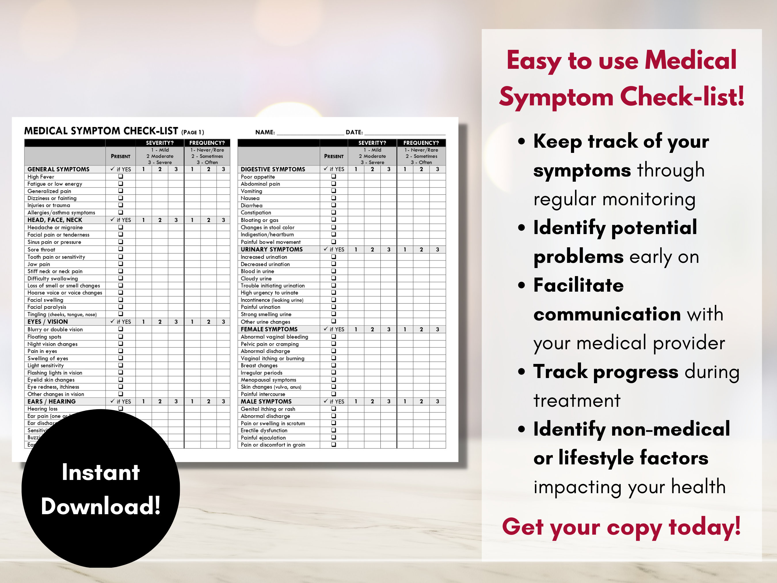 Symptom Checklist, Doctor Visit, Medical Tracker, Symptom List, Patient ...