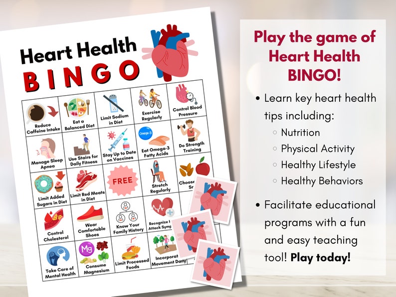 Heart Health BINGO Game, Cardiac Bingo, Health Games, Heart Disease ...