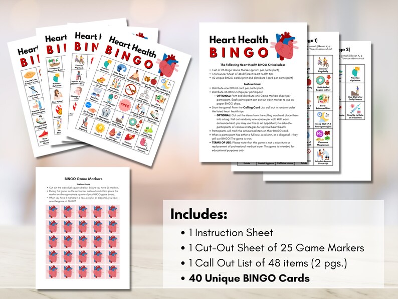 Heart Health BINGO Game, Cardiac Bingo, Health Games, Heart Disease ...