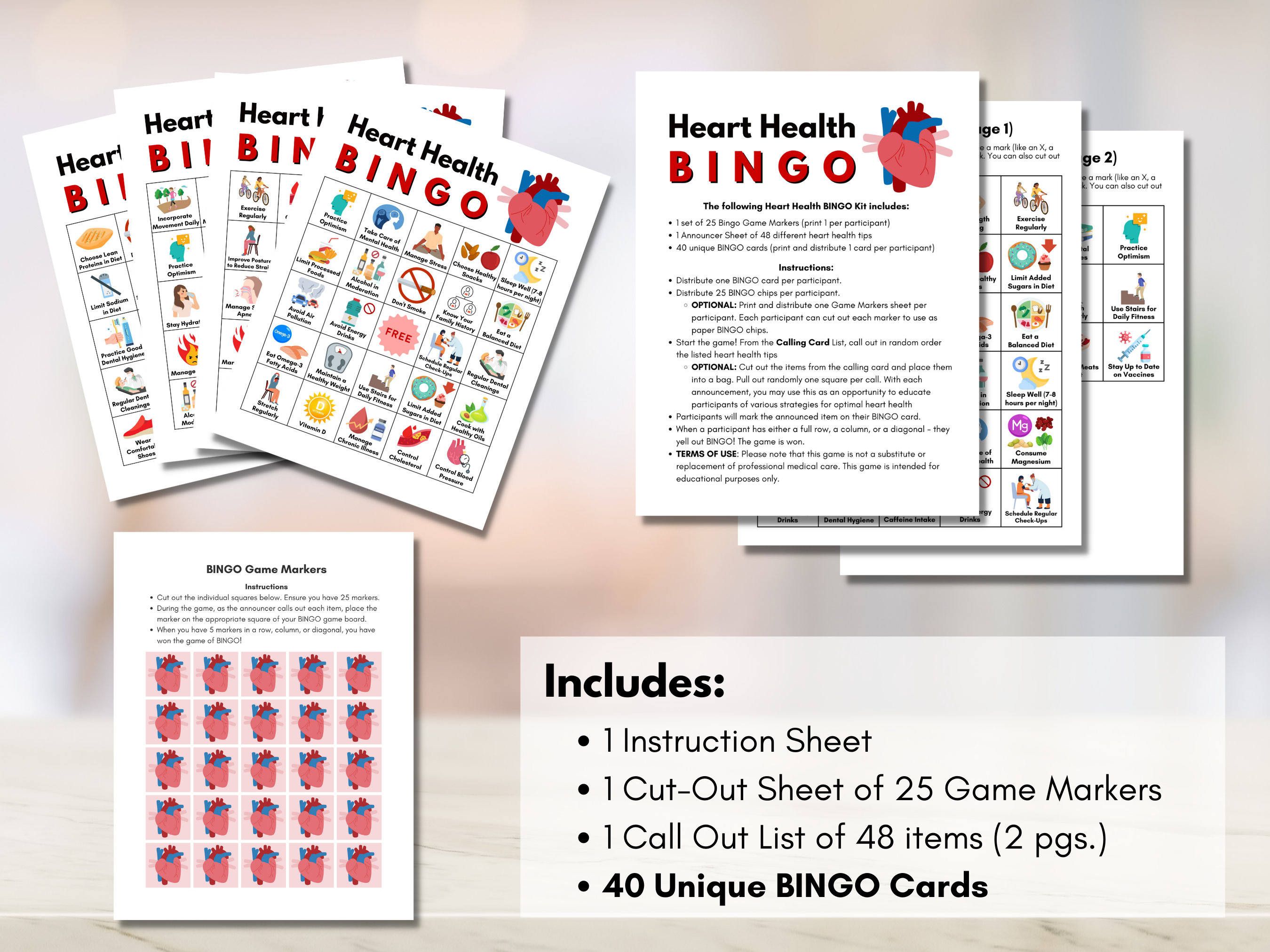Heart Health BINGO Game, Cardiac Bingo, Health Games, Heart Disease ...