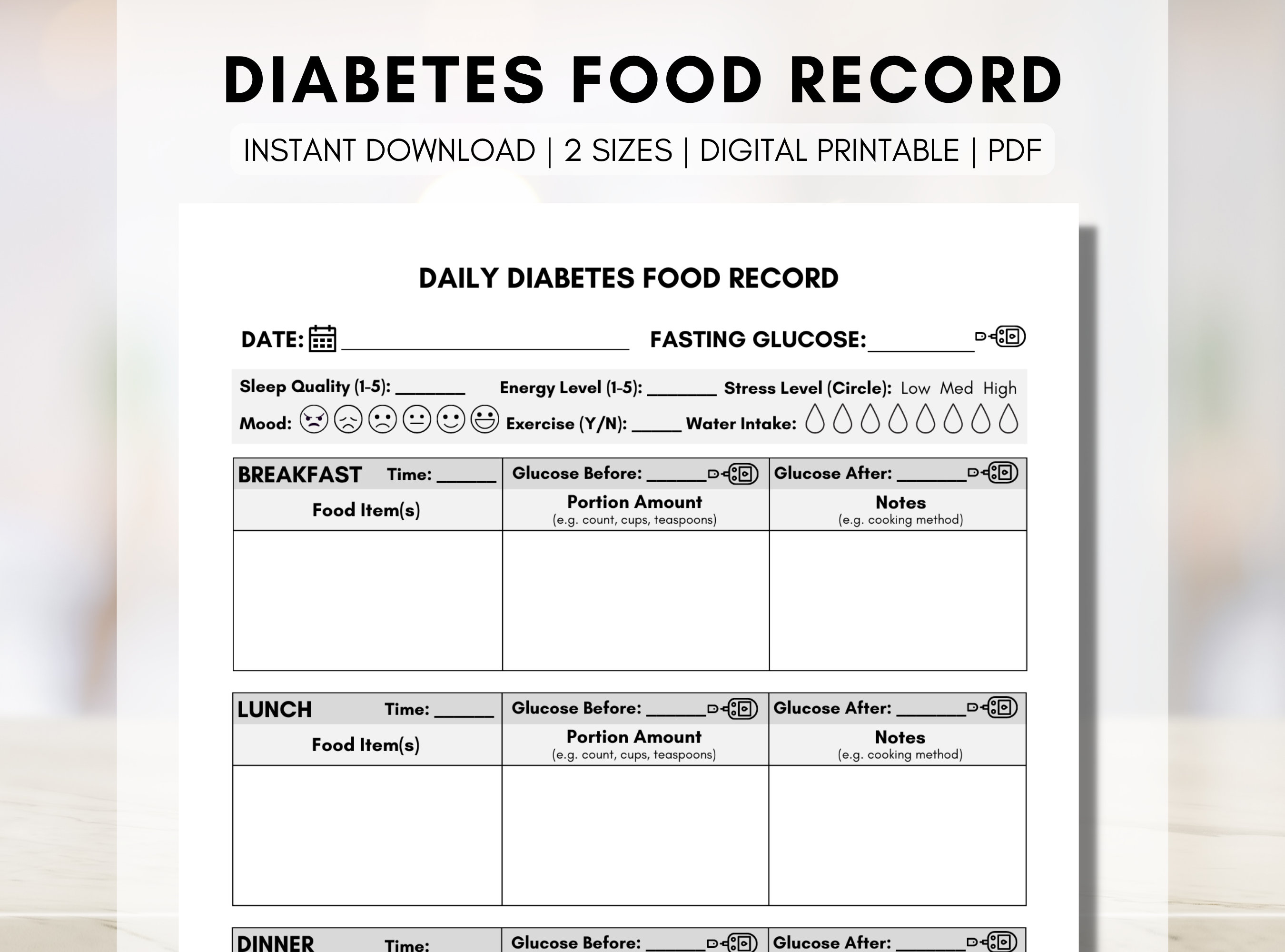 Diabetes Food Journal, Blood Sugar Log, Type 2 Diabetes Tracker ...