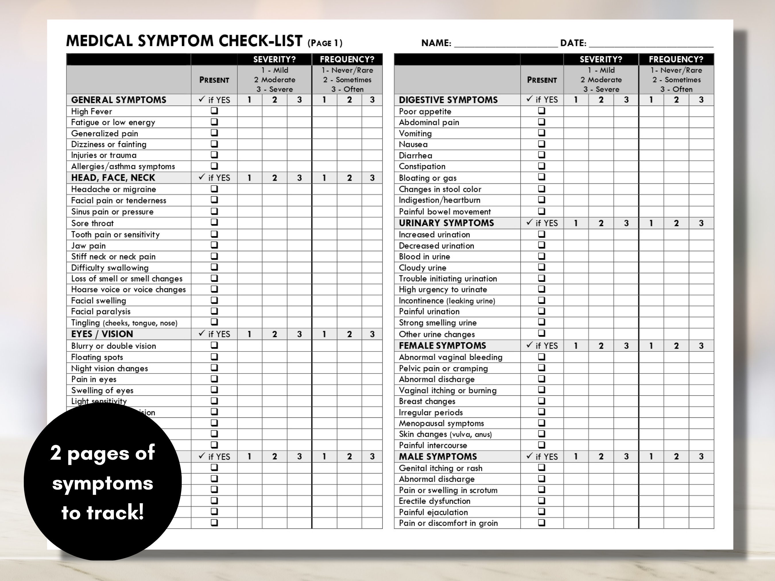 Symptom Checklist Medical Symptom Tracker List Symptom - Etsy UK